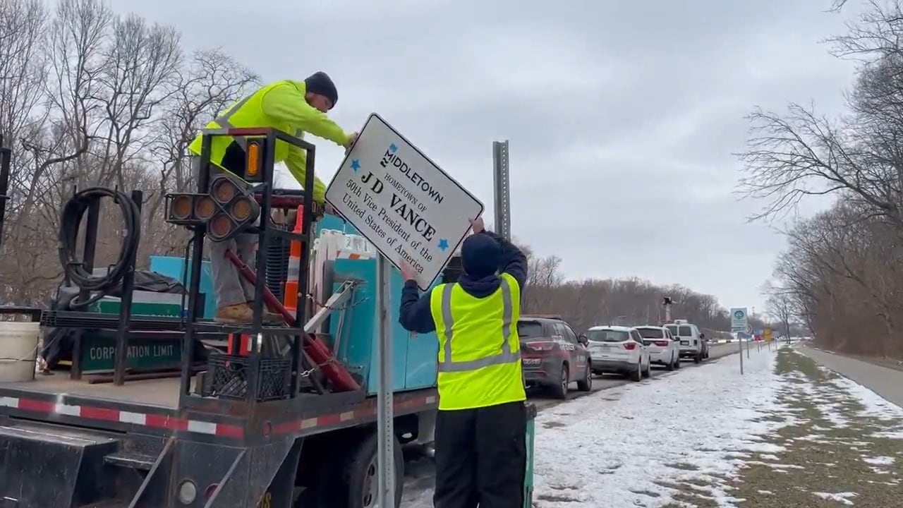 Road signs honoring Vice President J.D. Vance displayed in Middletown