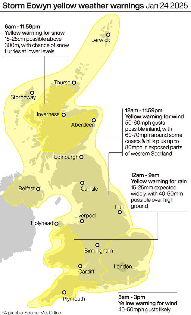 Storm Eowyn 92mph winds shut schools and cancel trains in Britain