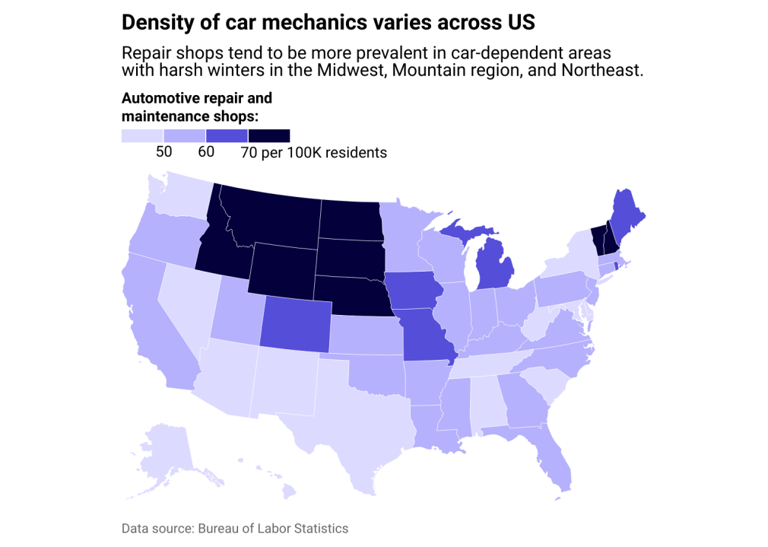 The parts of Illinois with the most car repair shops