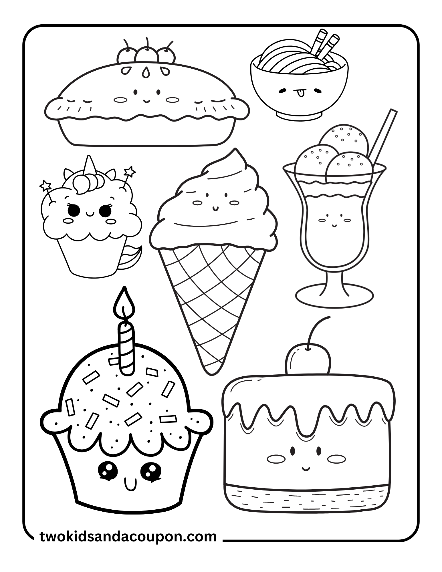 4 cute kawaii snacks coloring pages