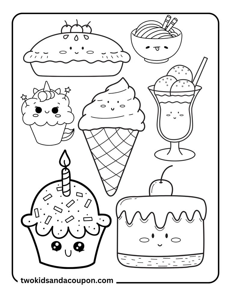 4 Cute Kawaii Snacks Coloring Pages