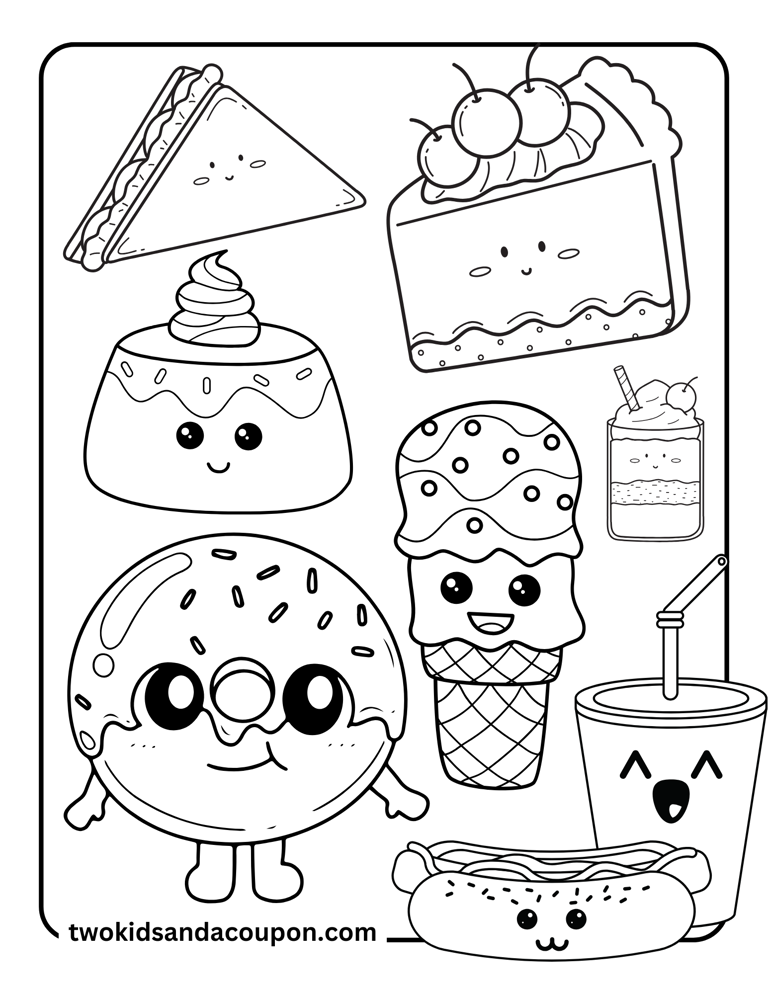 4 cute kawaii snacks coloring pages