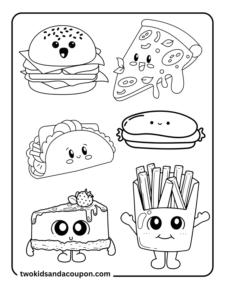 4 cute kawaii snacks coloring pages
