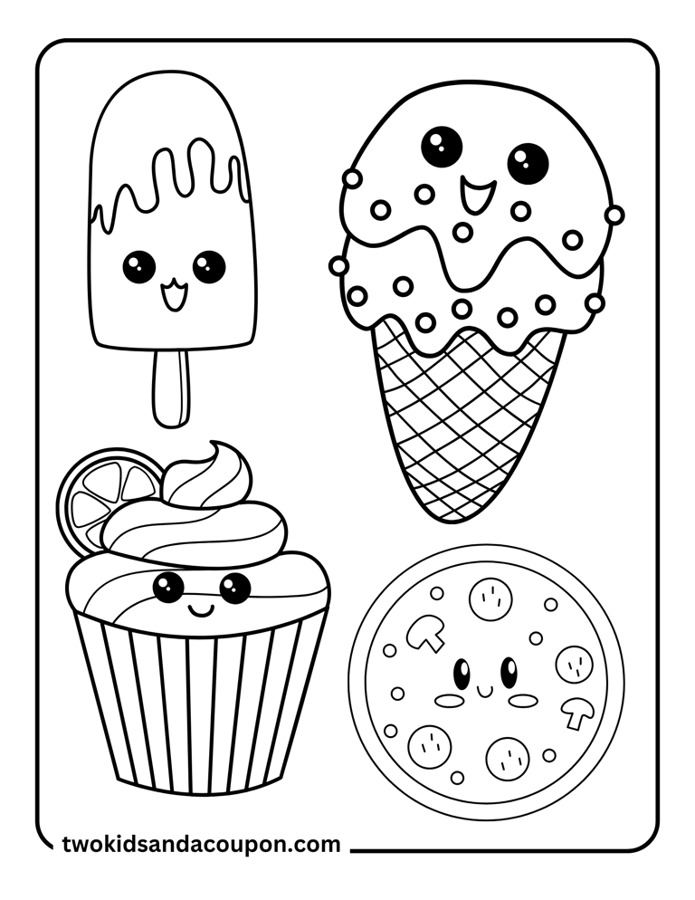 4 Cute Kawaii Snacks Coloring Pages