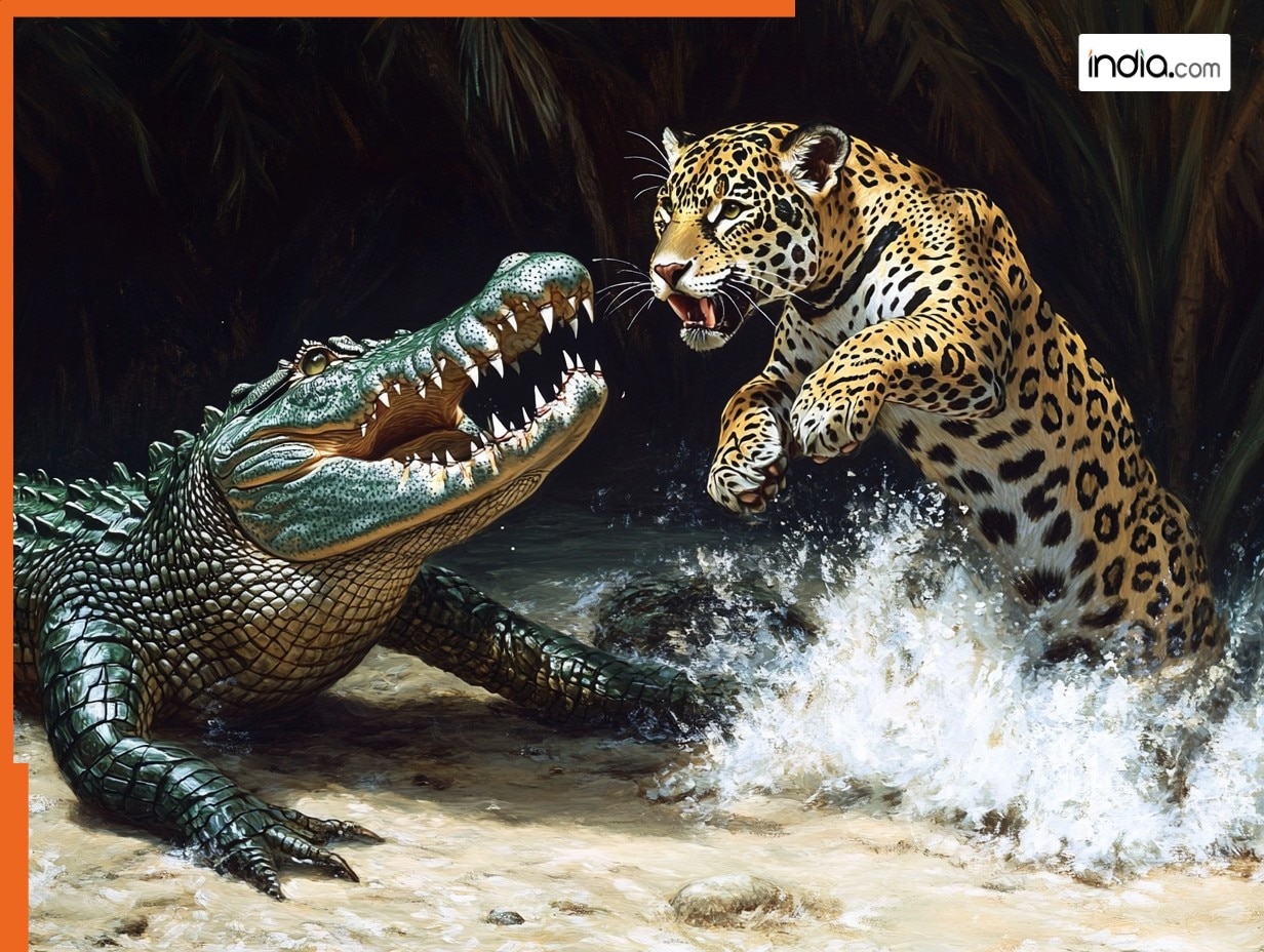 Magarmach Aur Jaguar Ka Video: नदी किनारे घूम रहा था मगरमच्छ, अचानक ...