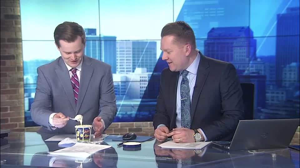 Channel 7's John Bedell and Austin Chaney try Skyline flavored ice cream