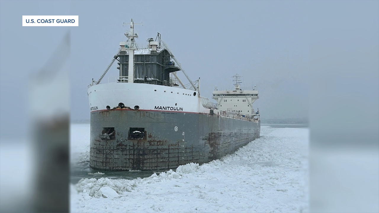 U.S. Coast Guard Cutter Bristol Bay breaks ice near freighter stuck in ...
