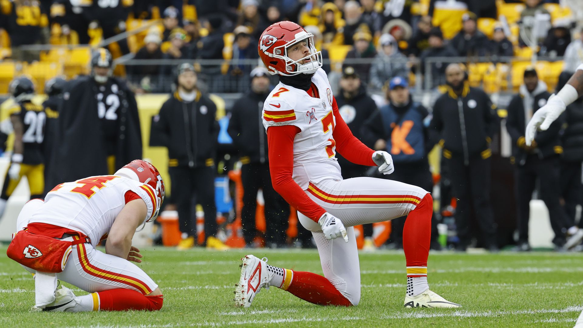 In the postseason, Harrison Butker will continue to land on his left knee