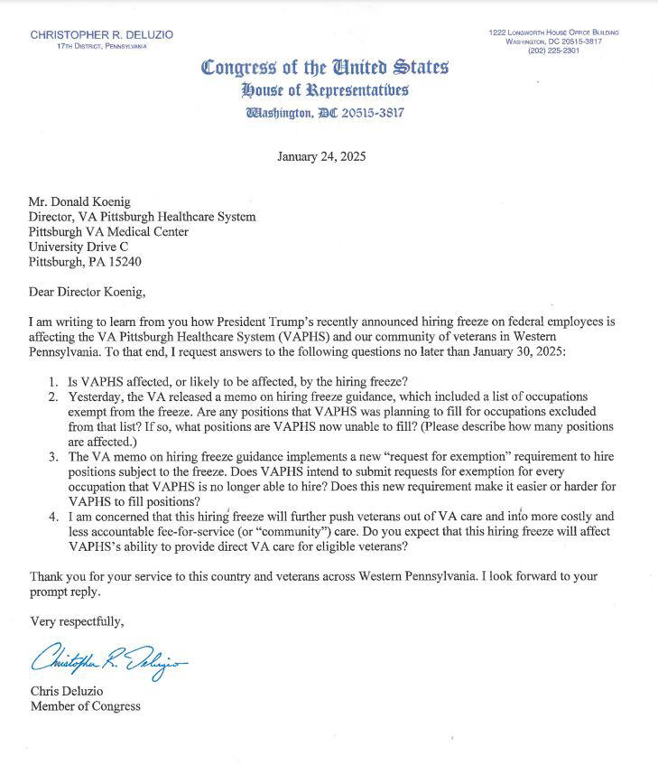 Congressman Chris Deluzio working to learn how VA hiring freeze could ...