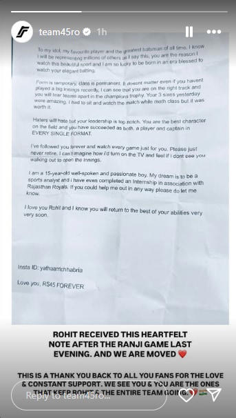 Rohit Sharma receives heartfelt letter from 15-year-old fan after Ranji ...