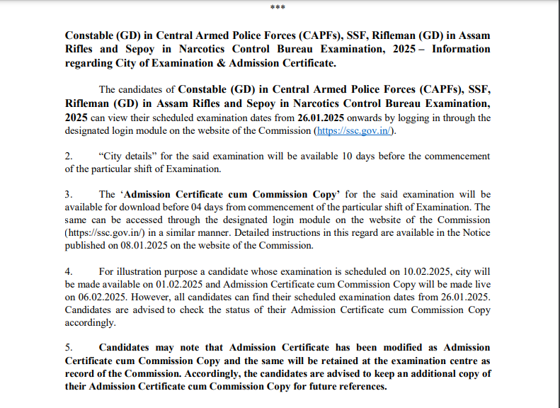 SSC GD admit card 2025: Important notice released by the Commission ...