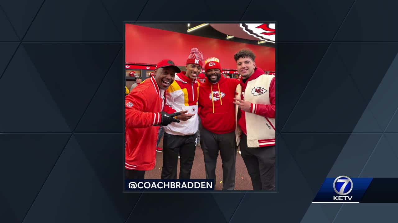 Dylan Raiola, Huskers celebrate with the Kansas City Chiefs after AFC title