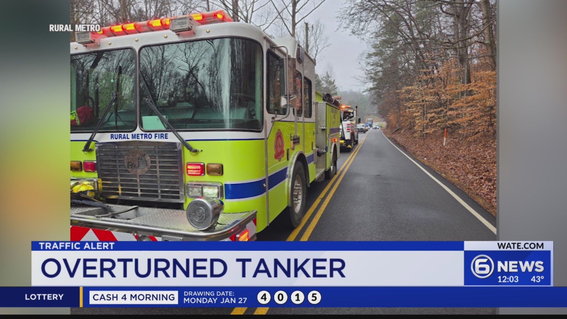 Overturned tanker truck leaking fuel, Huckleberry Springs Road closed