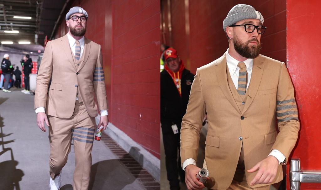 Travis Kelce's Pregame Outfit Shows His Stripes in Thom Browne Suit for ...