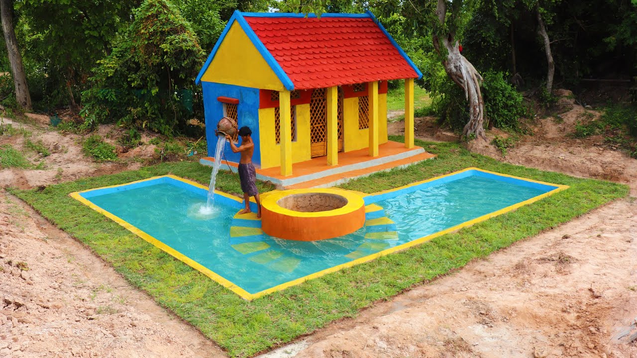 Building a Creative Colorful Mud House with Underground Swimming Pool ...
