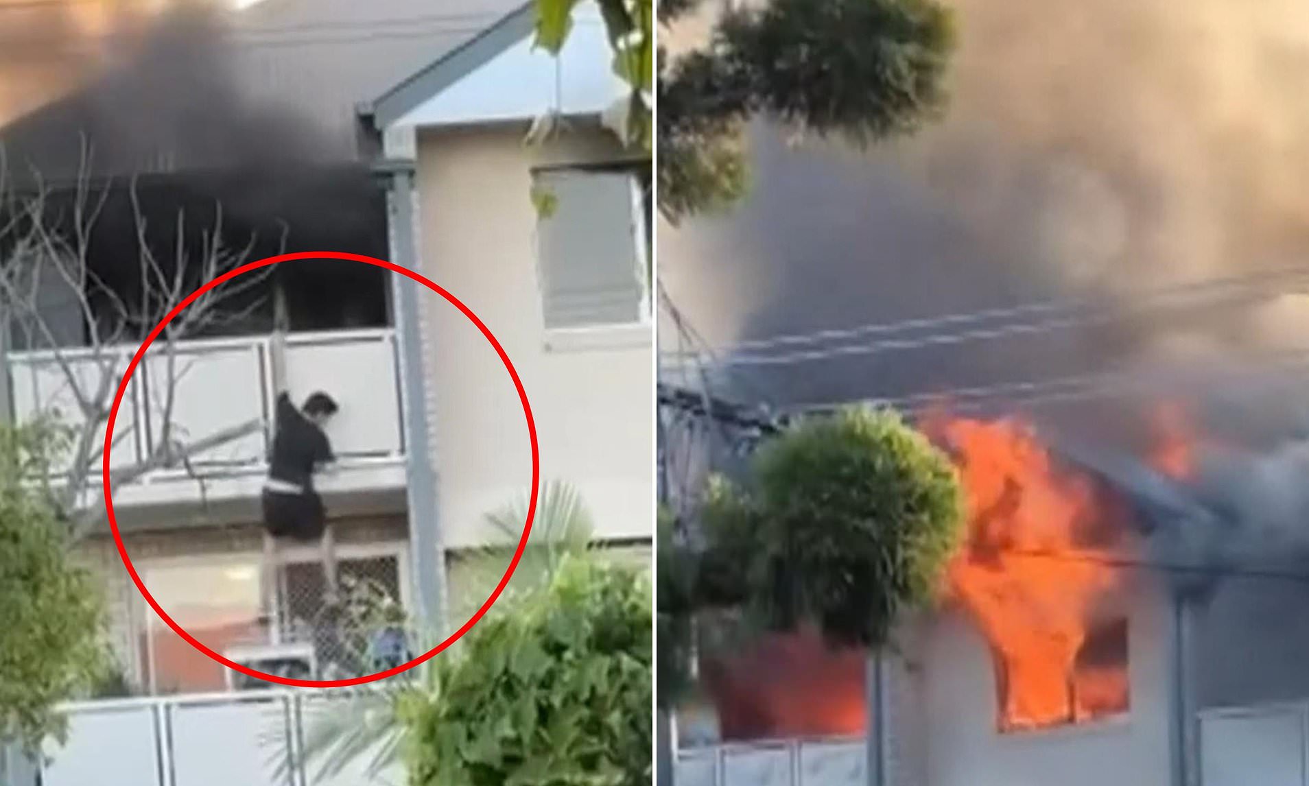 Terrifying moment man jumps over balcony to escape apartment fire