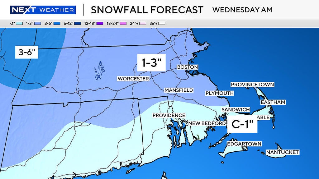 Map shows where plowable snow could fall in Massachusetts Wednesday