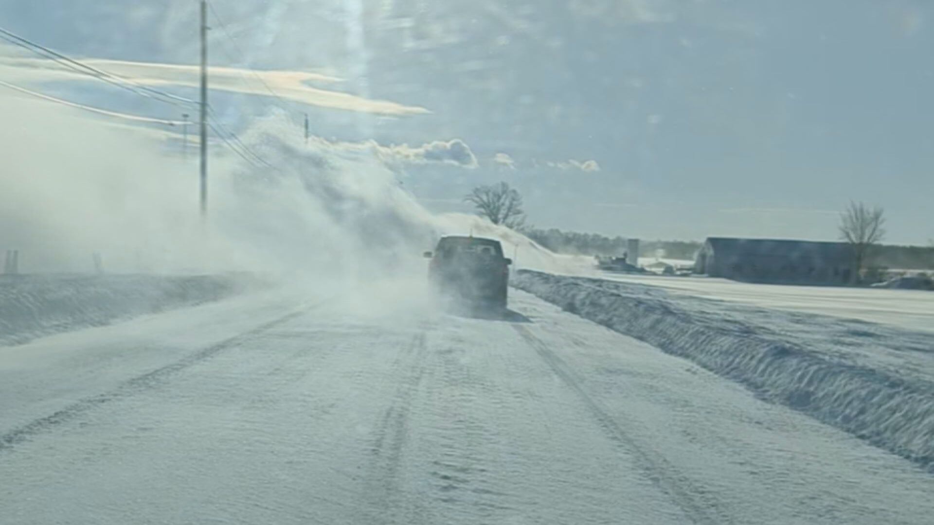 Strong winds whipped snow around on Monday