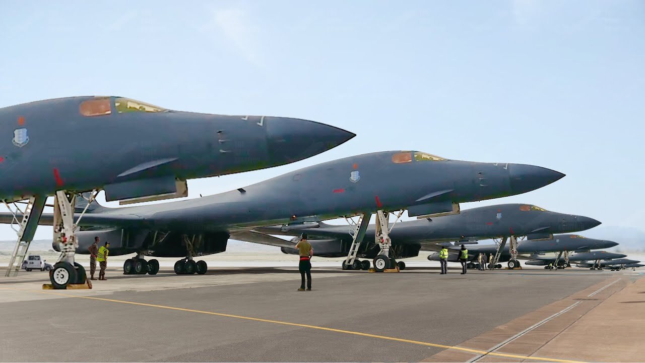 Starting US Gigantic B-1 Lancer Before Takeoff at Full Afterburner