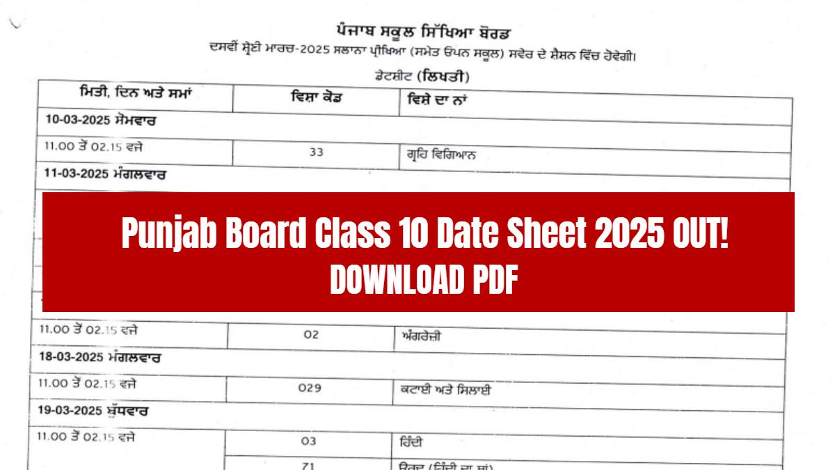 PSEB 10th Date Sheet 2025: Download Punjab Board Class 10 Time Table ...