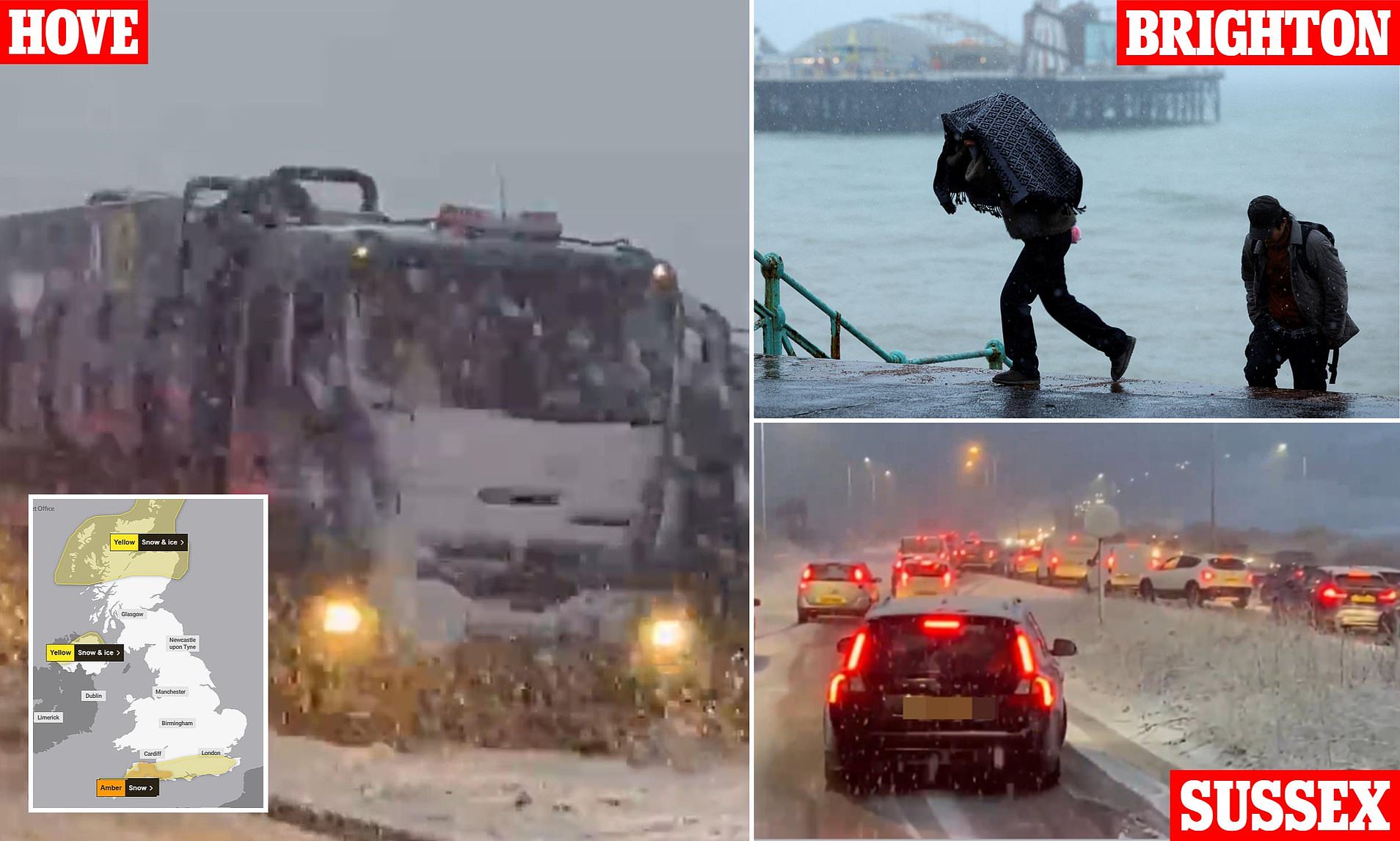 Cars skid in rush hour blizzards as Met Office issue weather warnings