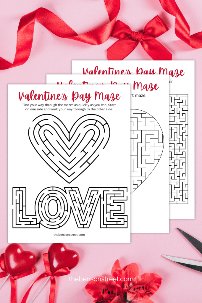 Free printable Valentine's Day maze worksheets for kids