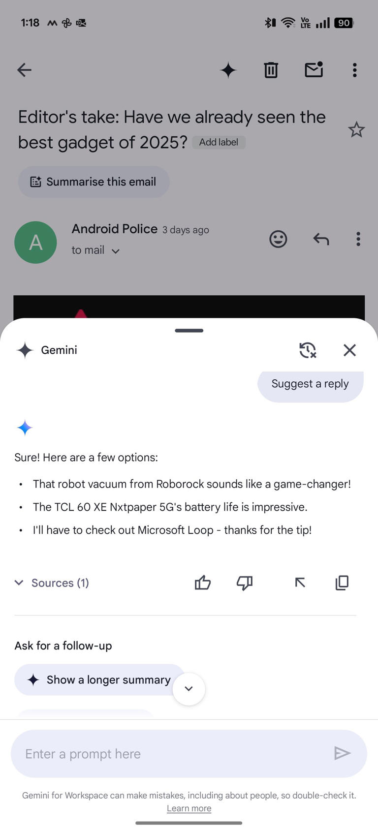 Inserting Gemini-suggested email replies just got easier in Gmail for Android