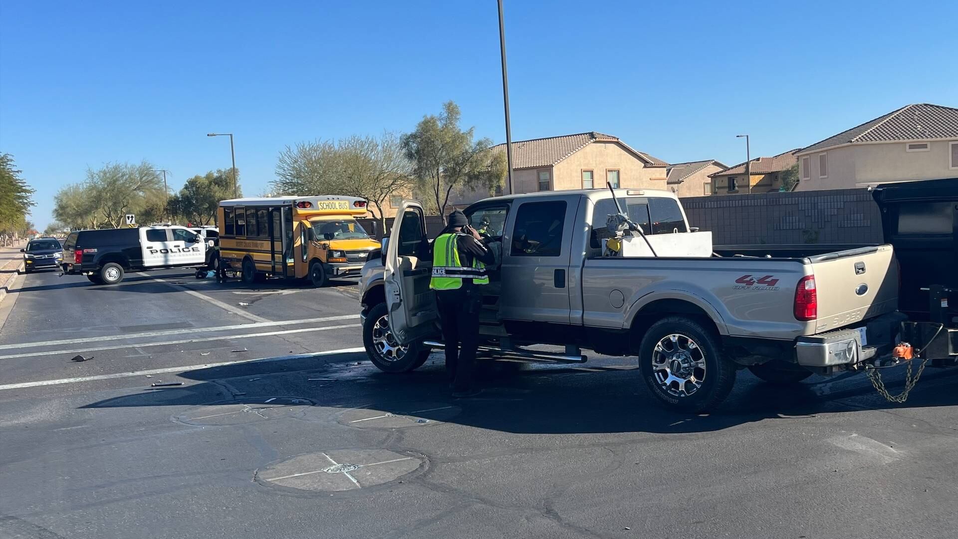 3 students, driver hurt after school bus, pickup truck collide in Buckeye