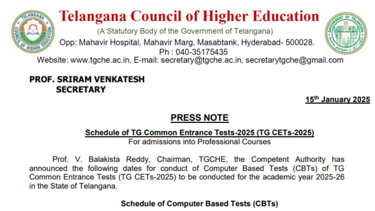 Telangana Common Entrance Test (TG CETs) 2025 scheduled announced at ...