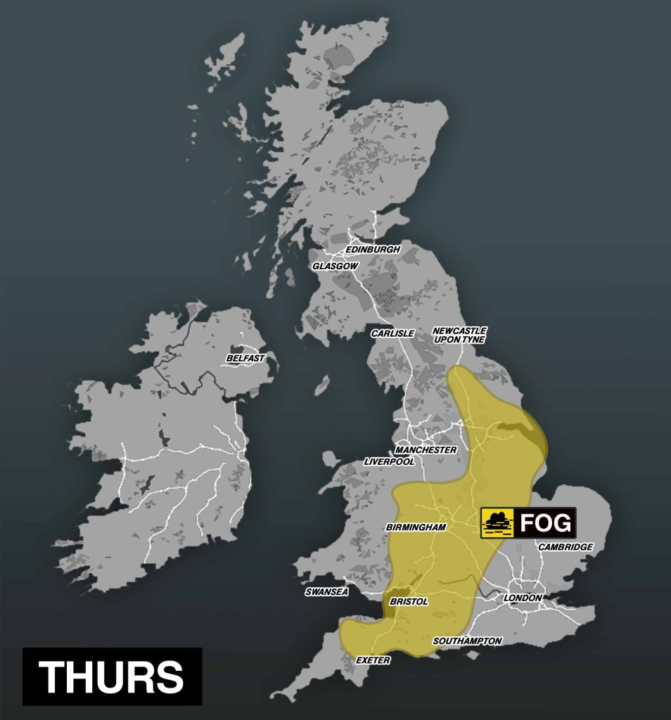 Map shows where a heavy fog will cover the UK this week