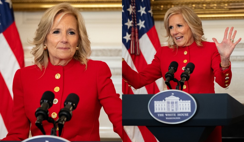 First Lady Jill Biden Rewears Red Schiaparelli Skirt Suit for Joining Forces Event at the White ...