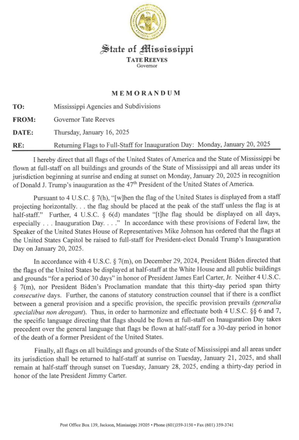 Gov. Tate Reeves orders flags to be flown at full-staff for ...