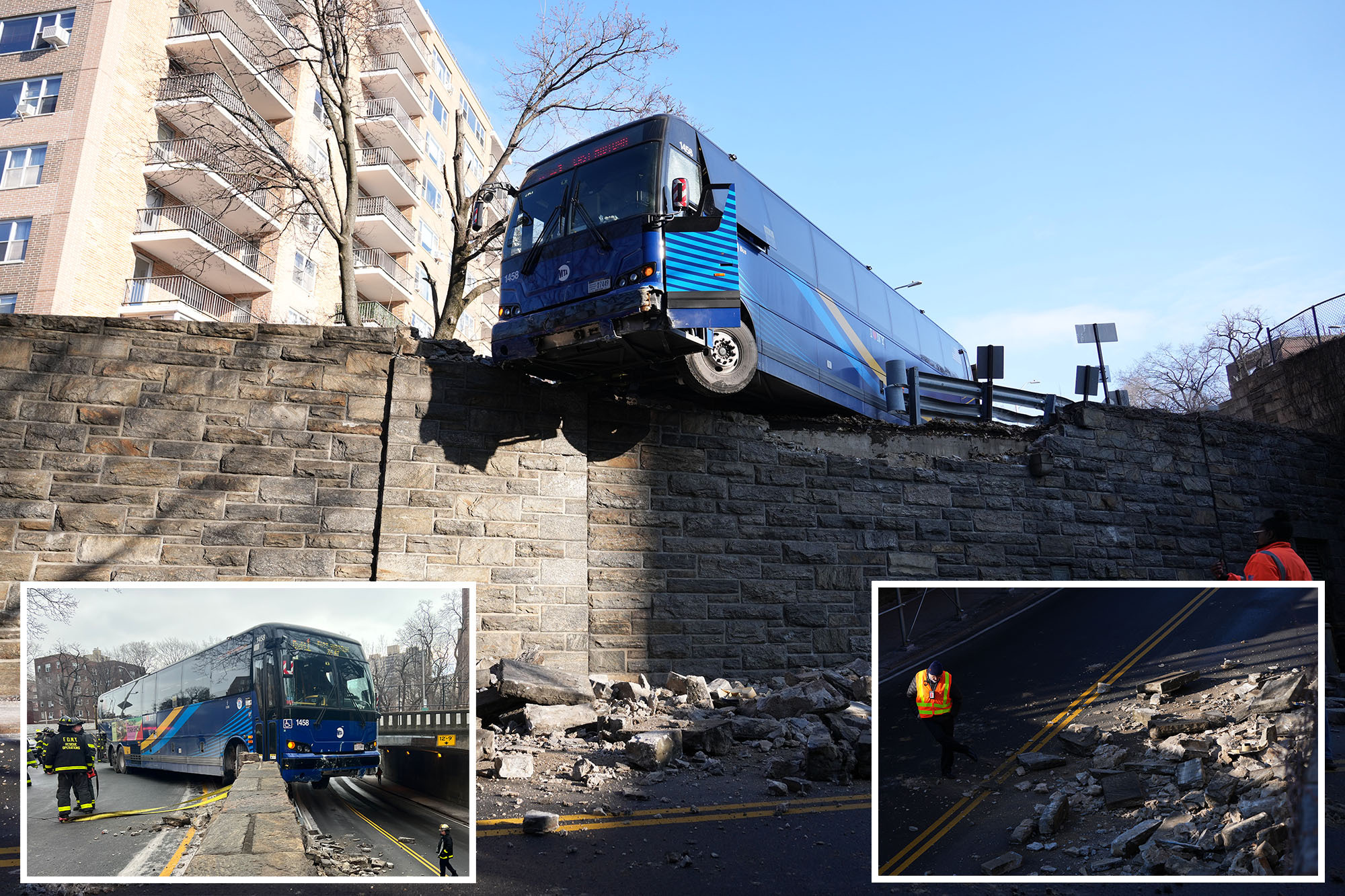 MTA bus seen ominously hanging off Bronx overpass after early morning crash