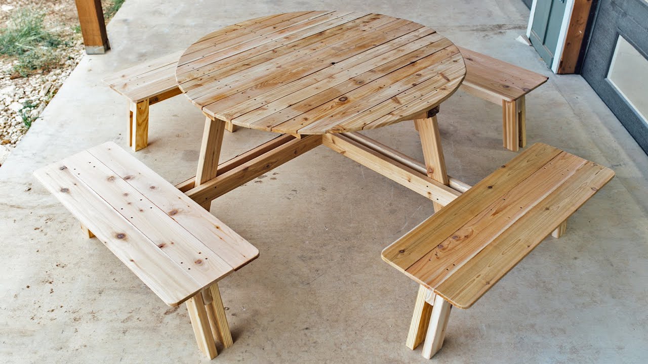 Build a round picnic table with integrated benches