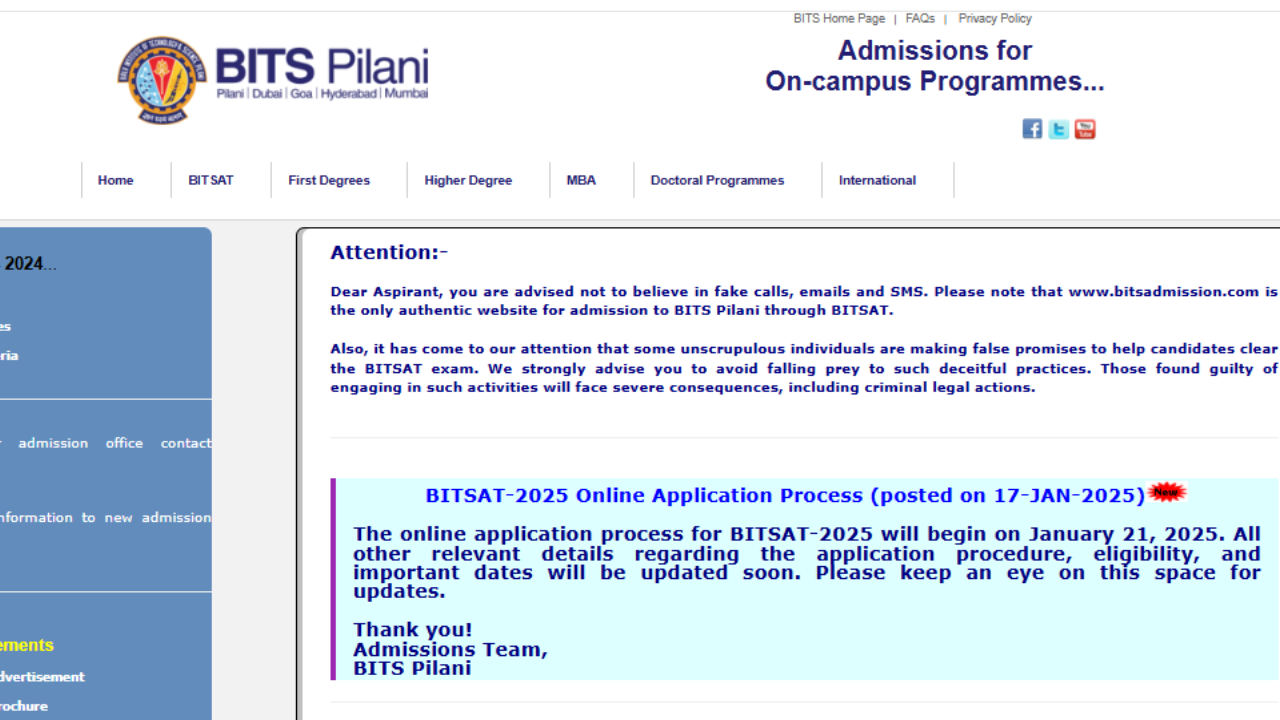 BITSAT 2025 registration date announced at bitsadmission.com: Check ...
