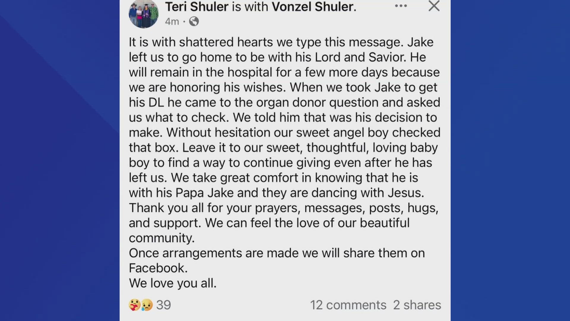 Shuler Family releases statement following Jake Shuler's death