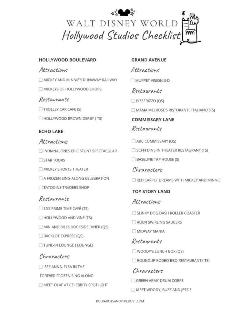 Hollywood Studios Checklist and Printable