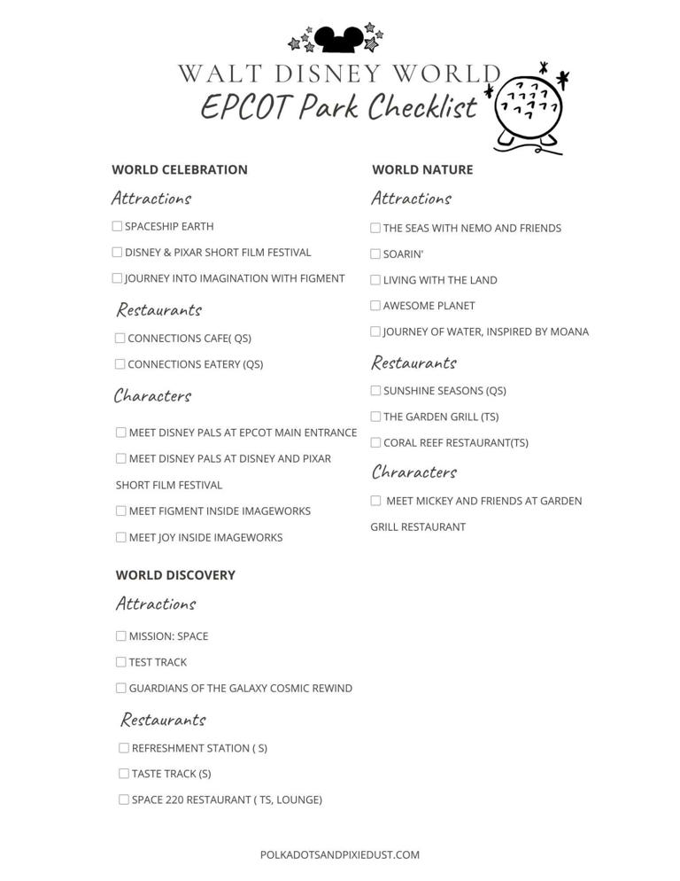 EPCOT Park Checklist and Printable