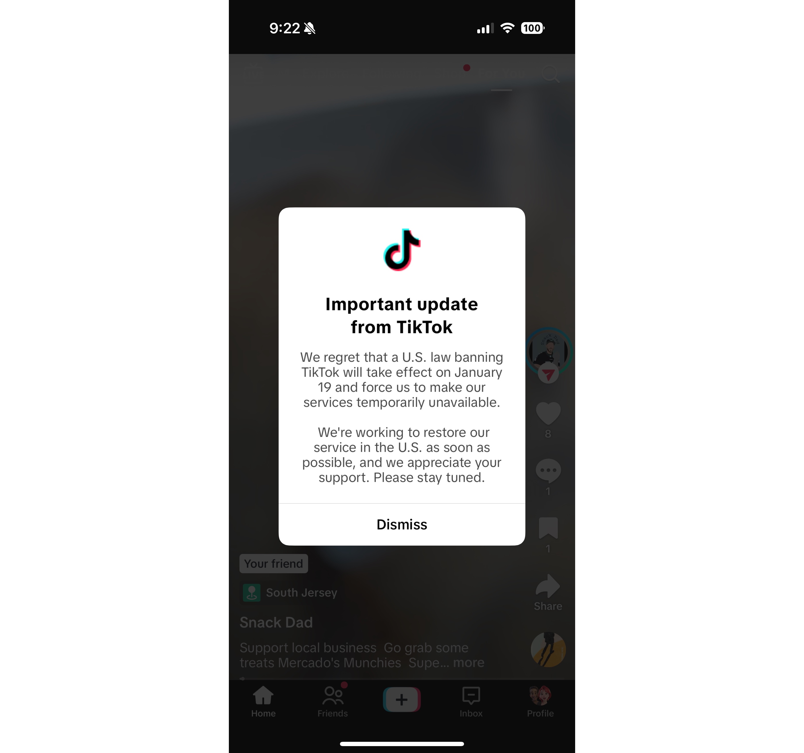 TikTok warns users of 'temporary' outage hours before US ban takes effect