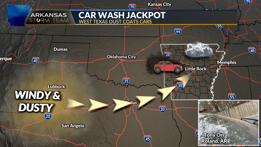 Dirty Surprise: Texas dust covers Arkansas cars Saturday