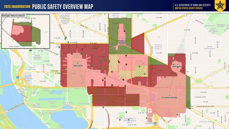 DC road closures, Metro transit map for the 2025 Presidential Inauguration