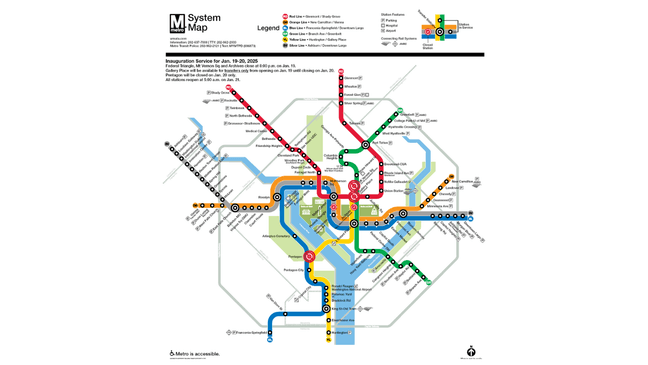 DC road closures, Metro transit map for the 2025 Presidential Inauguration