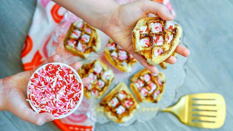 Sweet cinnamon roll waffles for Valentine’s Day