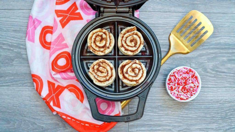 Sweet cinnamon roll waffles for Valentine’s Day