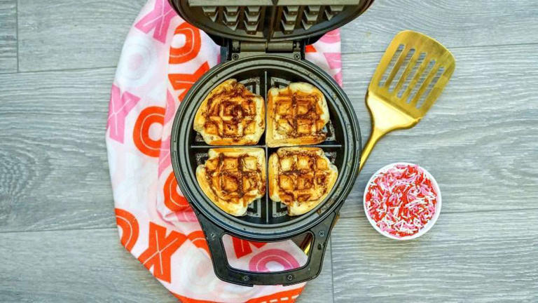 Sweet cinnamon roll waffles for Valentine’s Day