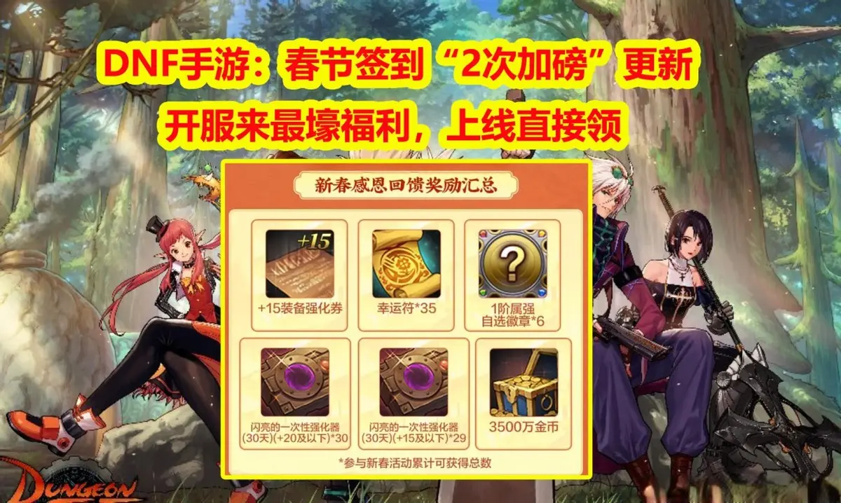 DNF手游：春节签到“2次加磅”更新！开服来最壕福利，上线直接领