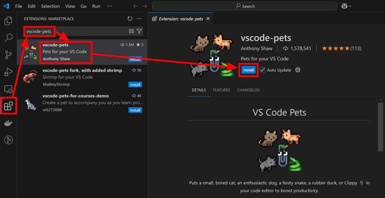 Visual Studio Codeに可愛いペットを表示できる拡張機能「VS Code Pets」でペットたちと遊んでみた