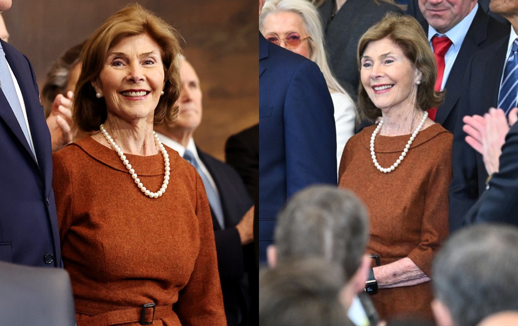 Former First Lady Laura Bush Wears Rust Dress and Statement Pearls for ...