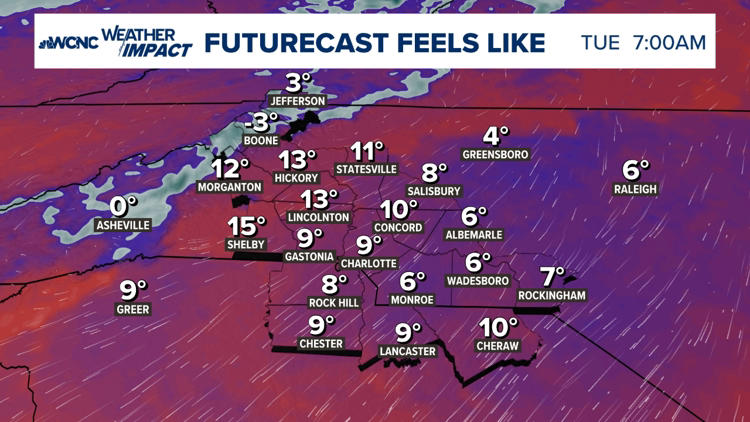 Charlotte snow accumulation drops, bitter cold is real story