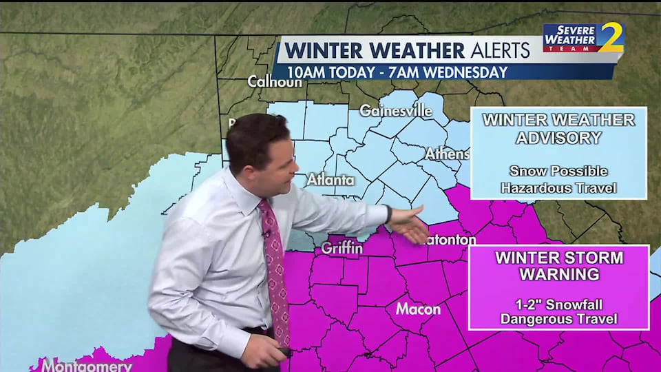 Winter Storm Warning today for areas south of Atlanta